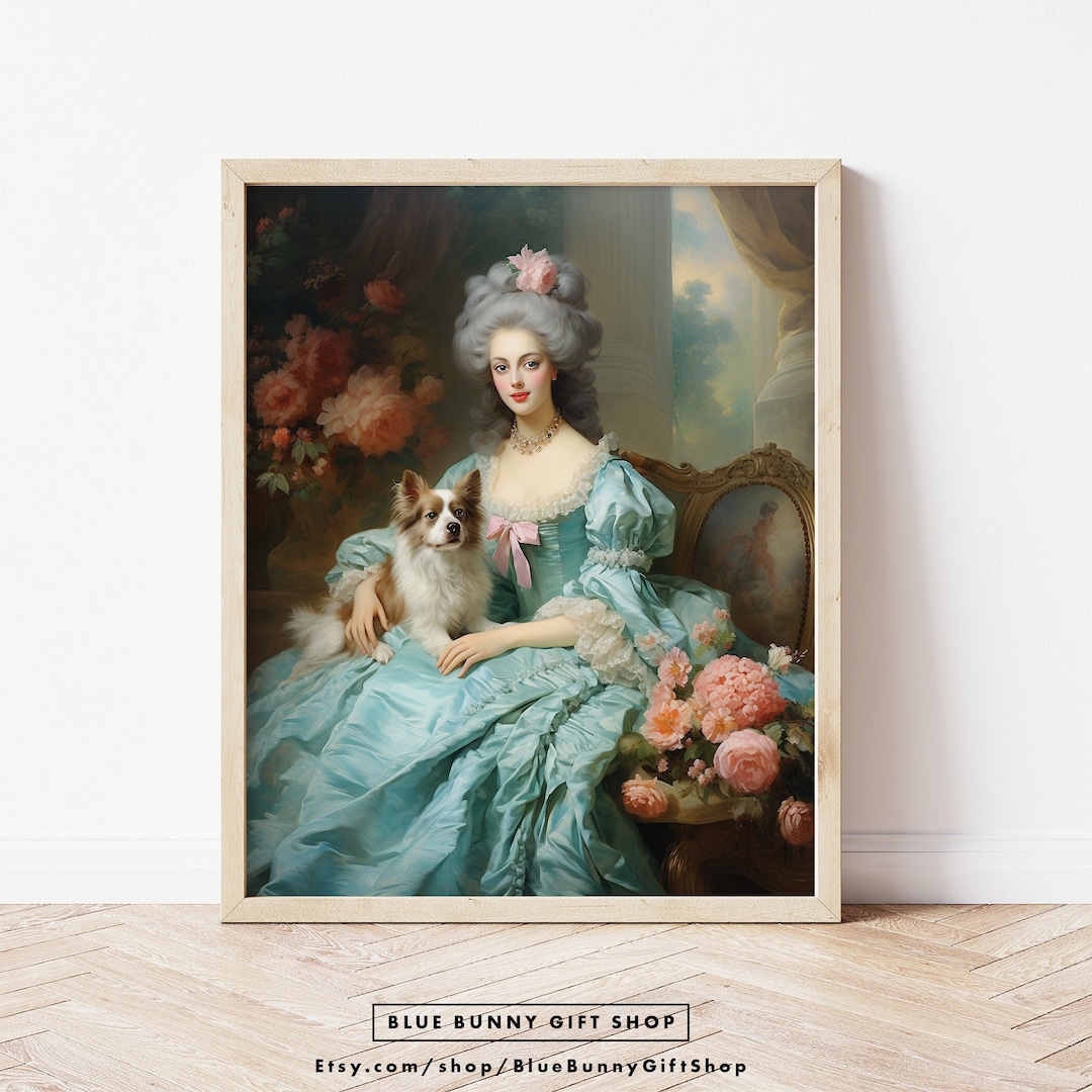 Marie Antoinette With Dog Wall Art Print, Rococo Turquoise Dress ...