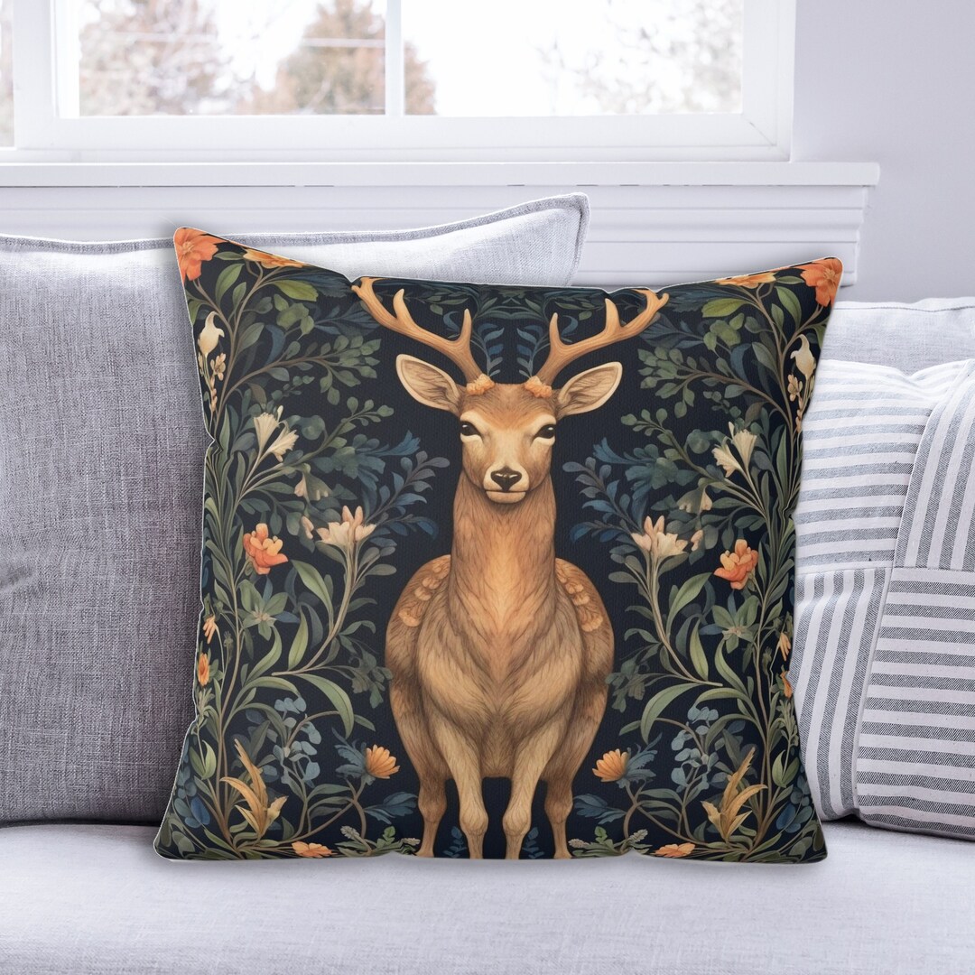 William Morris Inspired Forest Deer Pillow Botanical Floral Cottagecore ...