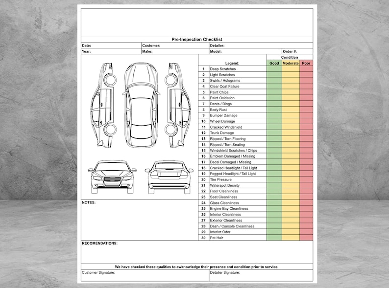 SUV, Sedan, Van and Truck and Pre-detailing Inspection Checklist for ...