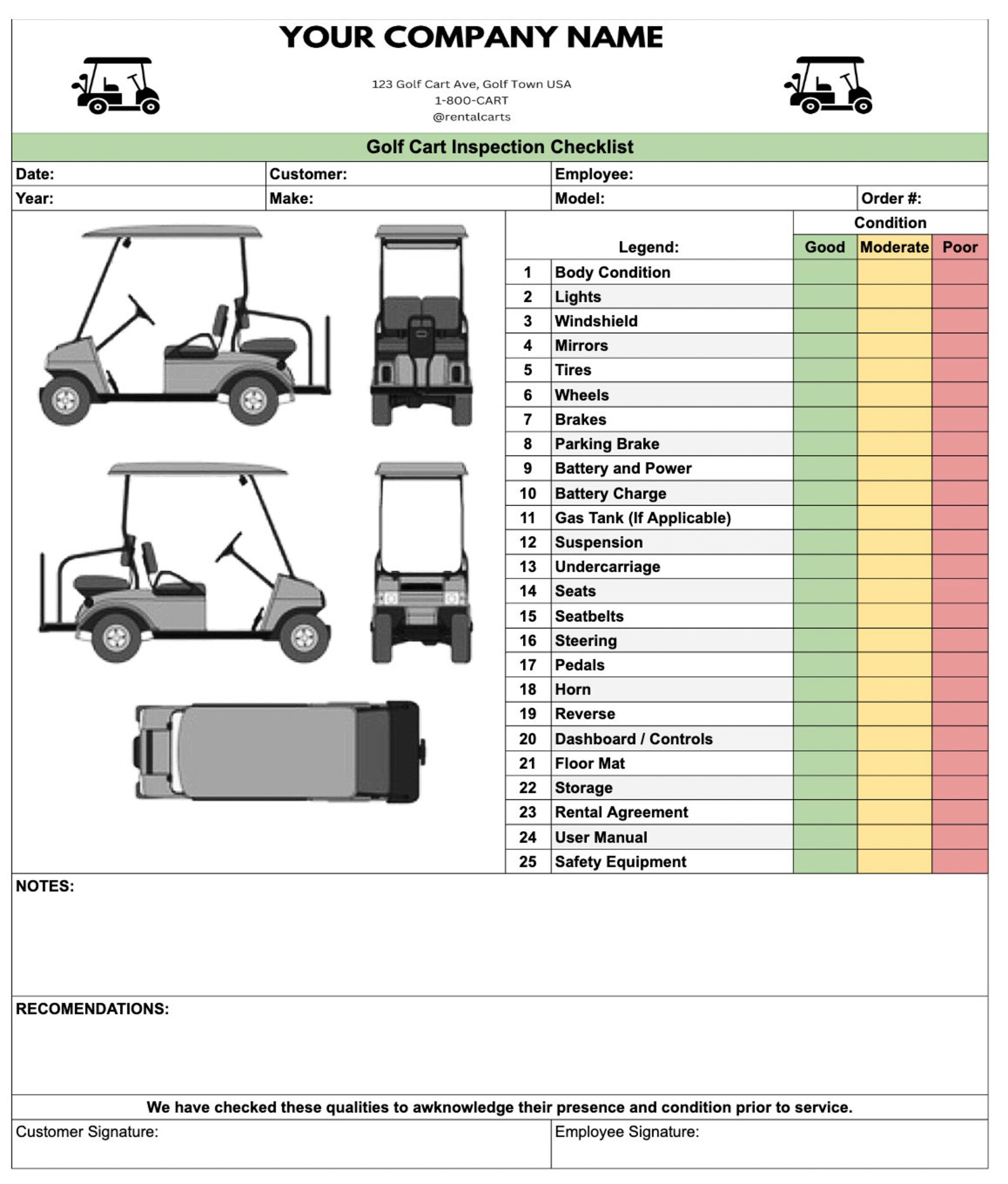 Golf Cart Inspection Checklist for Golf Courses, Country Clubs, Golf ...