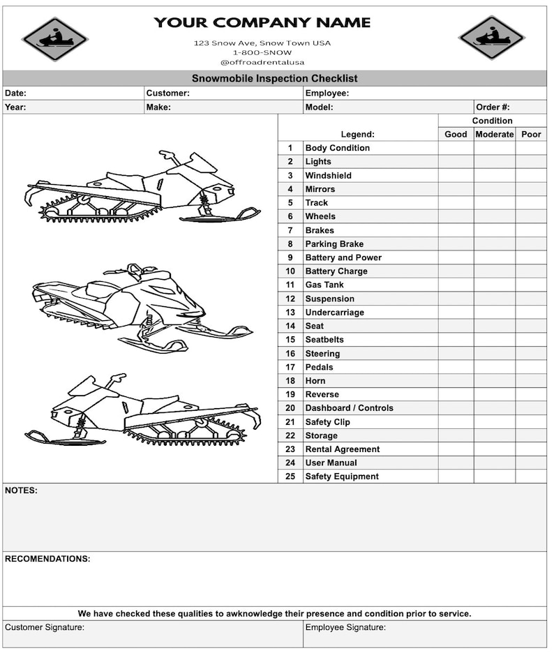 Snowmobile Inspection Checklist for Outdoor Rentals, Dealerships ...