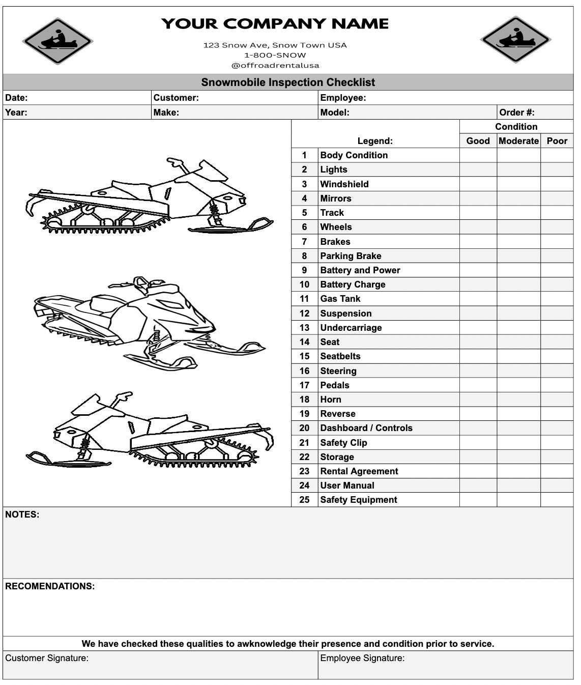 Snowmobile Inspection Checklist for Outdoor Rentals, Dealerships ...