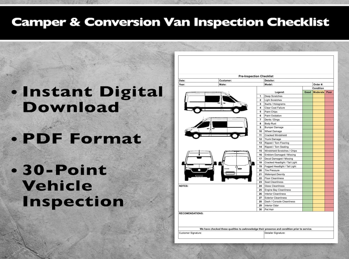 Camper Van Inspection Checklist for Renters, Rvshare, Camper Conversion, Detailers, Dealerships ...