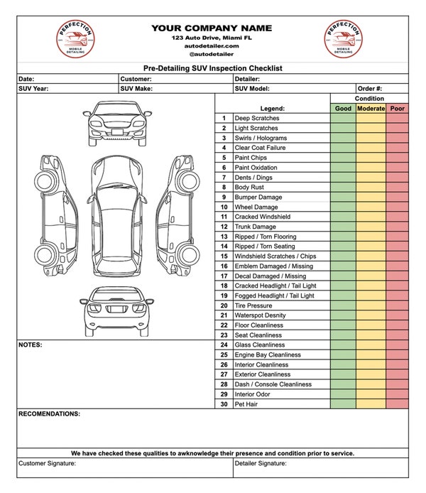 Pre-detailing Vehicle Inspection Checklist Form - Etsy Canada