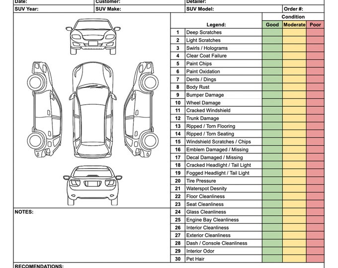 Pre-detailing SUV Inspection Checklist for Auto Detailers, Dealerships ...