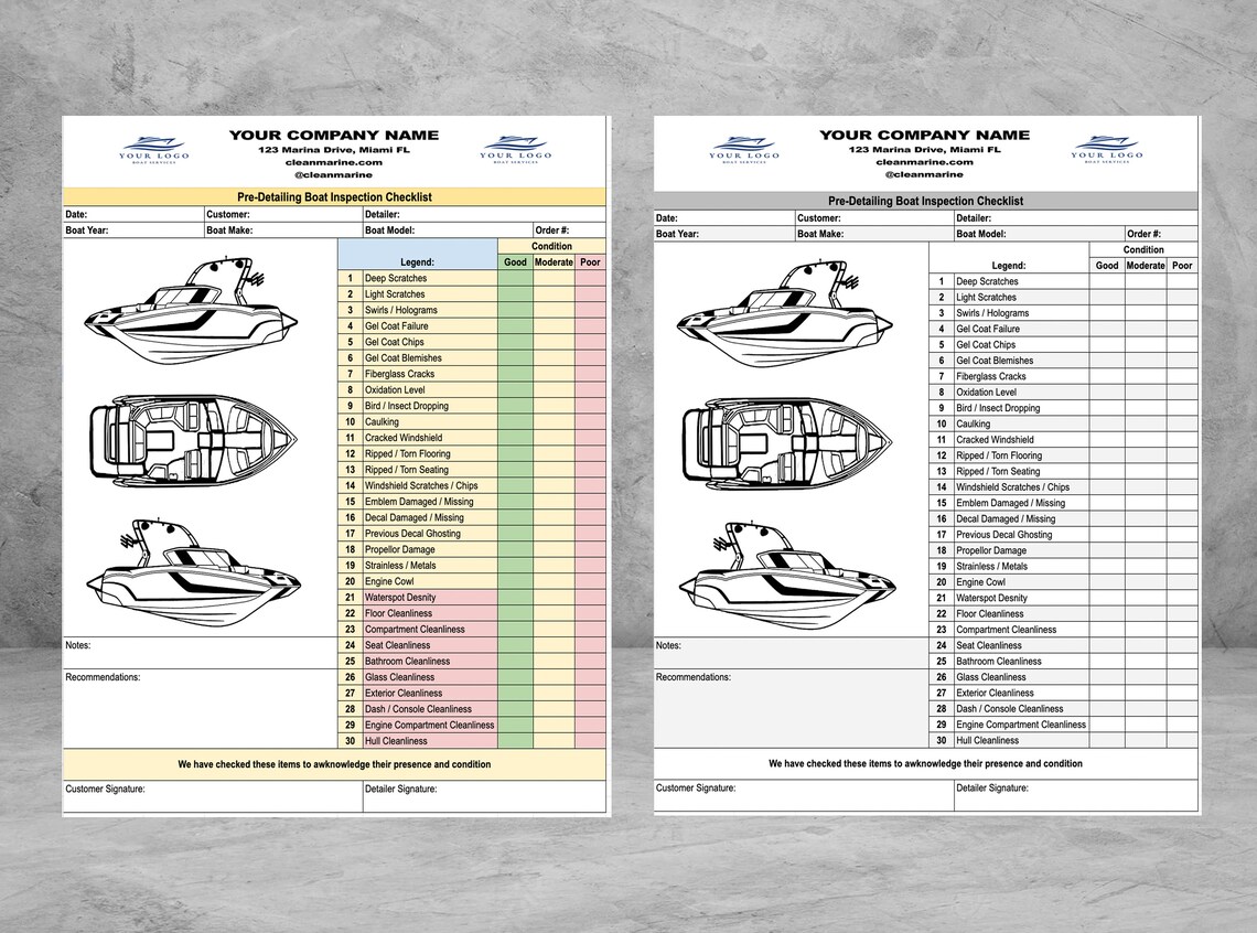 Wakeboat Pre-inspection Boat Checklist Form for Detailing, Service ...