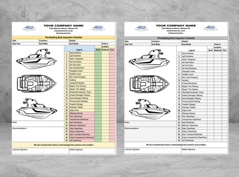 Wakeboat Pre-inspection Boat Checklist Form for Detailing, Service ...