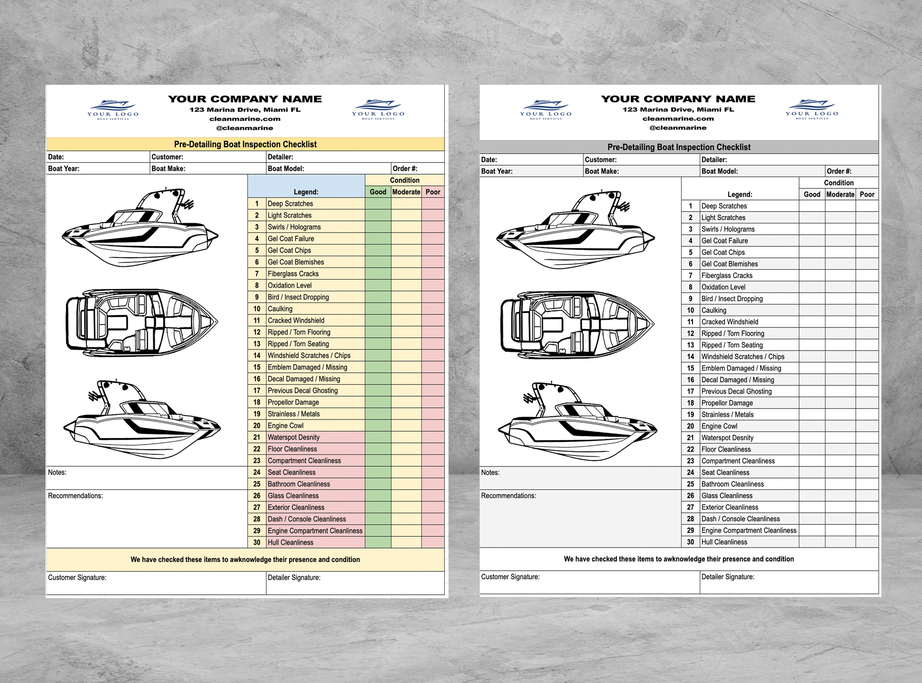 Wakeboat Pre-inspection Boat Checklist Form for Detailing, Service ...