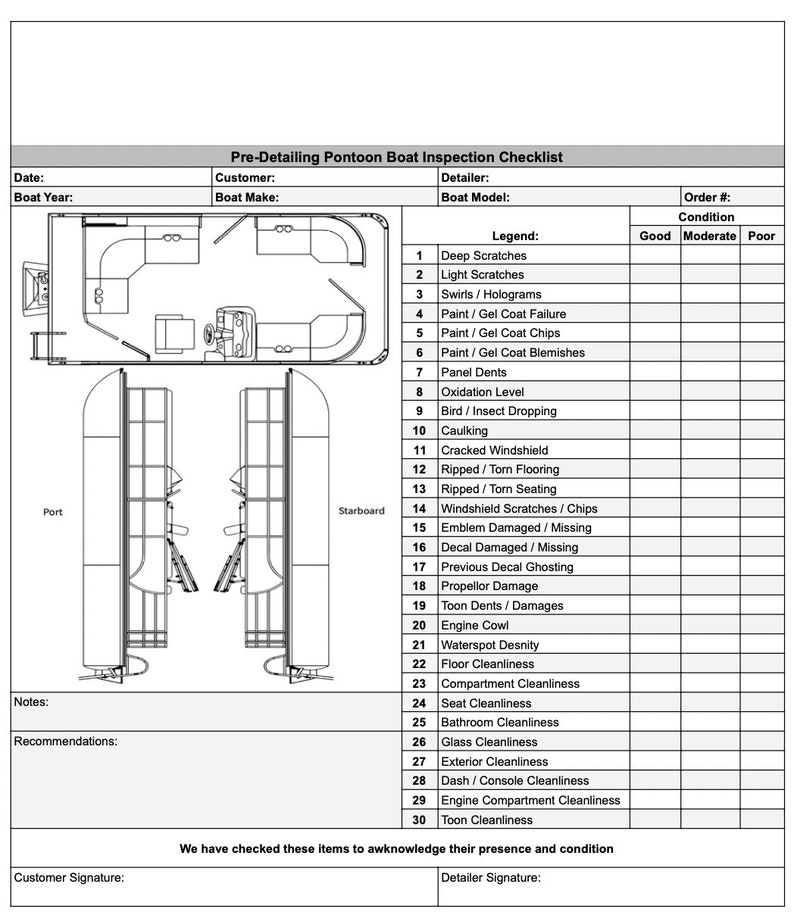 Pre-inspection Bundle Boat Checklist Form for Detailing, Service ...