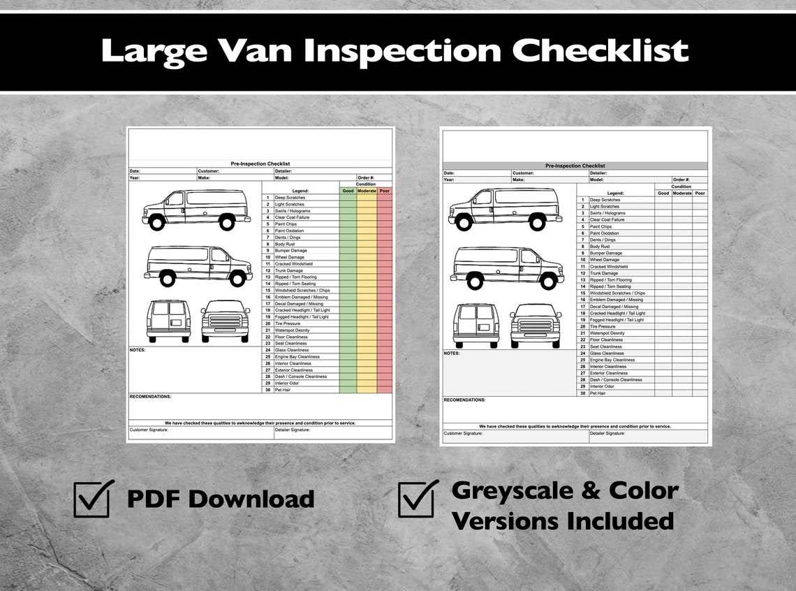Pre-inspection Van Checklist for Auto Detailers, Dealerships & Service Departments - Etsy