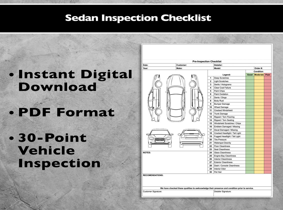 Pre-inspection Sedan Checklist for Auto Detailers, Dealerships & Service Departments - Etsy