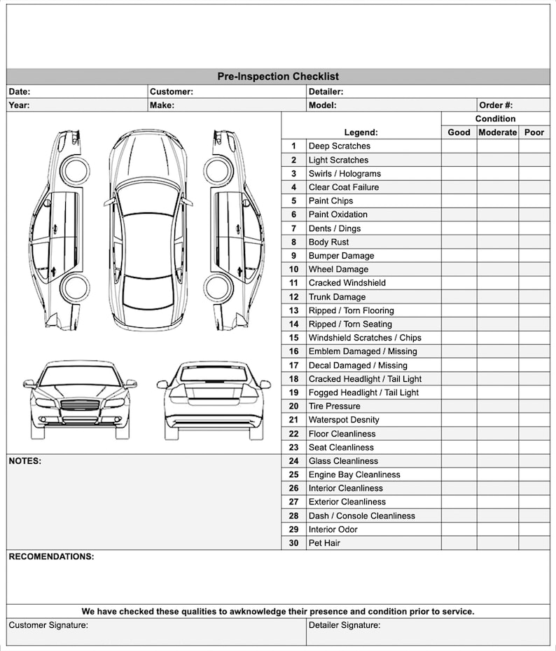 Pre-inspection Sedan Checklist for Auto Detailers, Dealerships ...