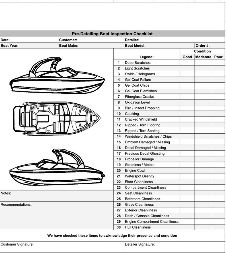 Pre-inspection Bundle Boat Checklist Form for Detailing, Service ...