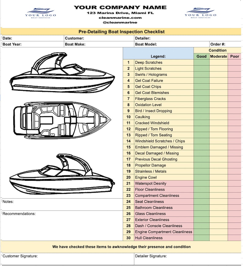 Bow Rider Pre-inspection Boat Checklist Form for Detailing, Service ...