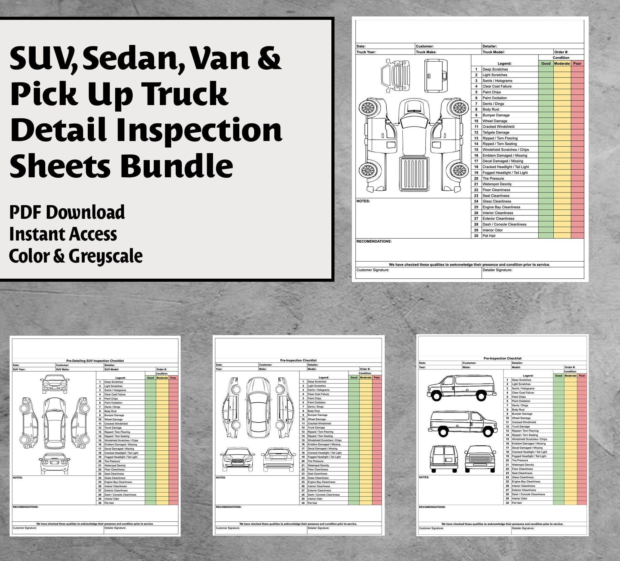 SUV, Sedan, Van and Truck and Pre-detailing Inspection Checklist for ...