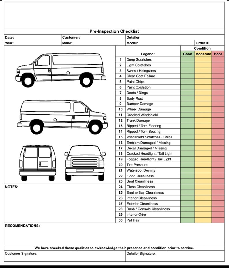 Pre-inspection Van Checklist for Auto Detailers, Dealerships & Service ...
