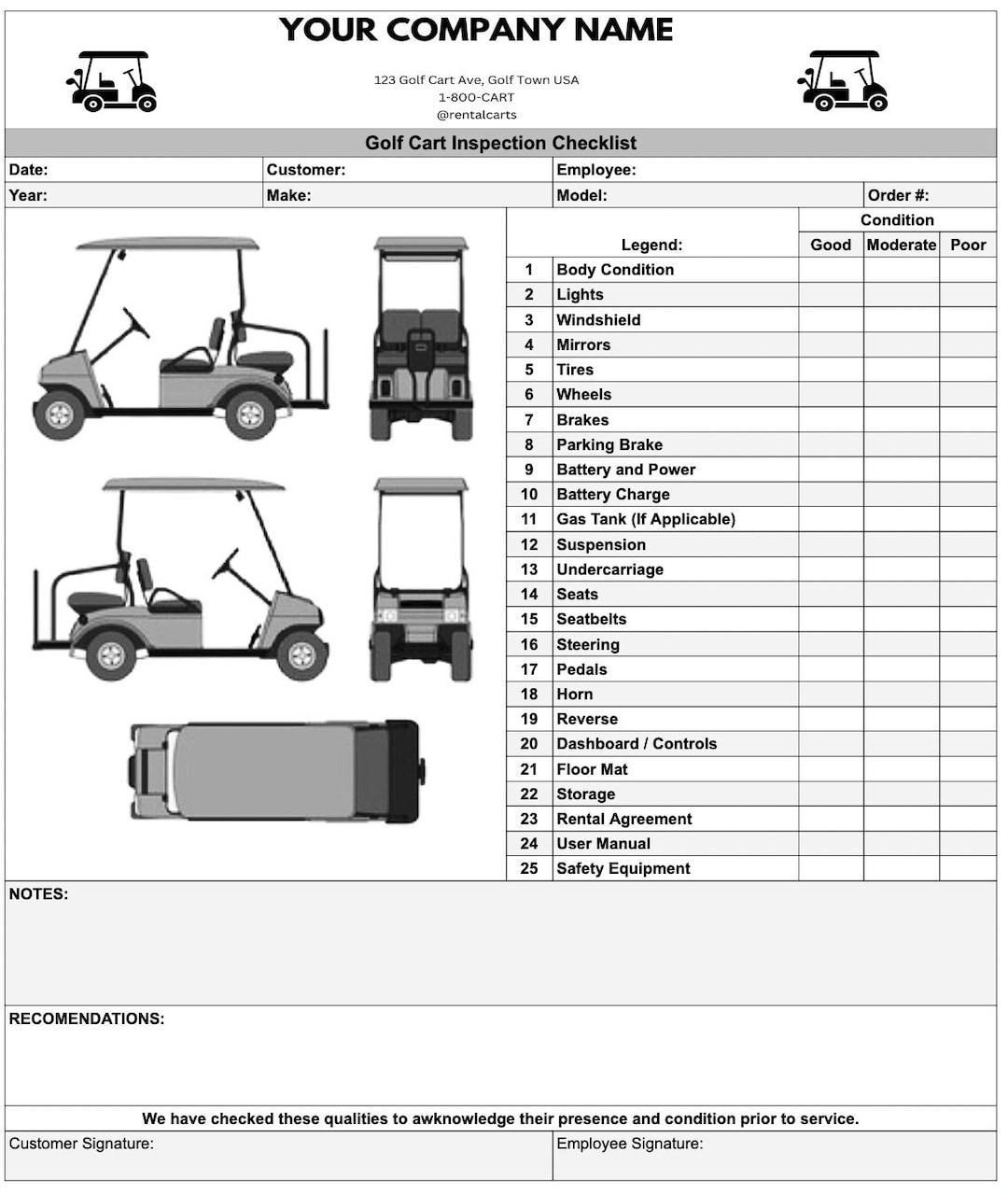 Golf Cart Inspection Checklist for Golf Courses, Country Clubs, Golf ...