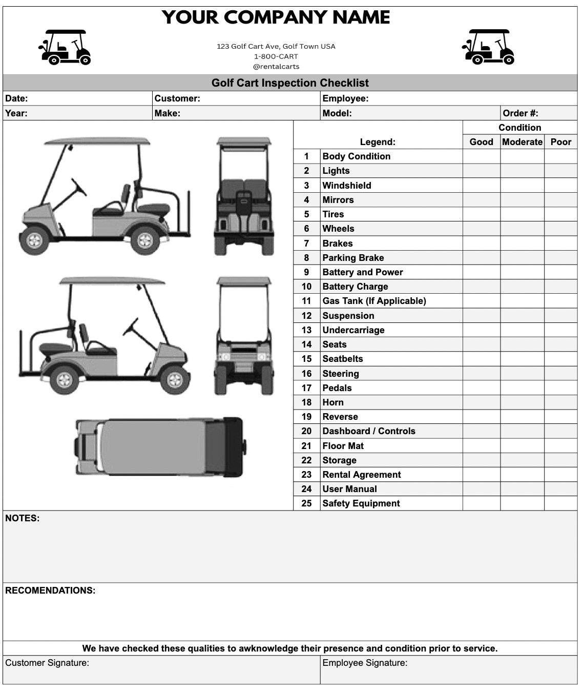Golf Cart Inspection Checklist for Golf Courses, Country Clubs, Golf ...