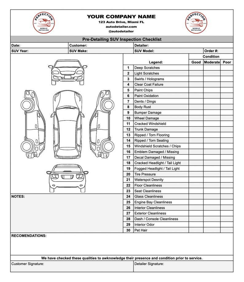 Pre-detailing SUV Inspection Checklist for Auto Detailers, Dealerships ...