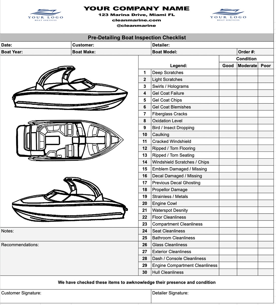 Bow Rider Pre-inspection Boat Checklist Form for Detailing, Service ...
