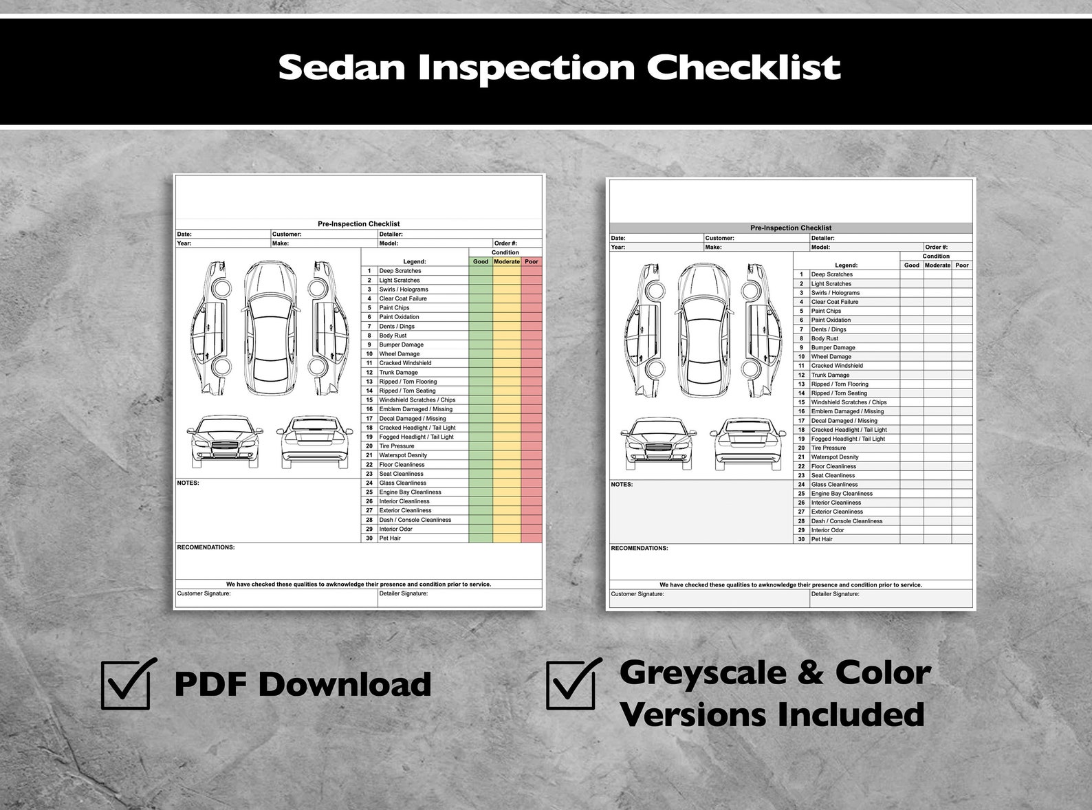 Pre-inspection Sedan Checklist for Auto Detailers, Dealerships ...