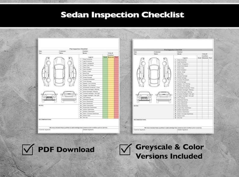 Pre-inspection Sedan Checklist for Auto Detailers, Dealerships & Service Departments - Etsy