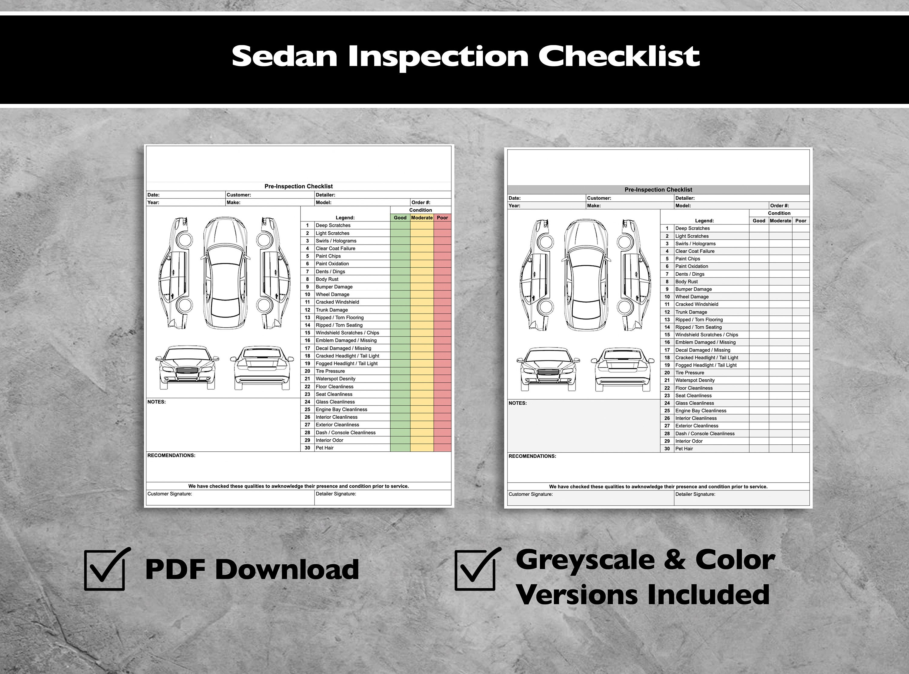 Pre-inspection Sedan Checklist for Auto Detailers, Dealerships ...