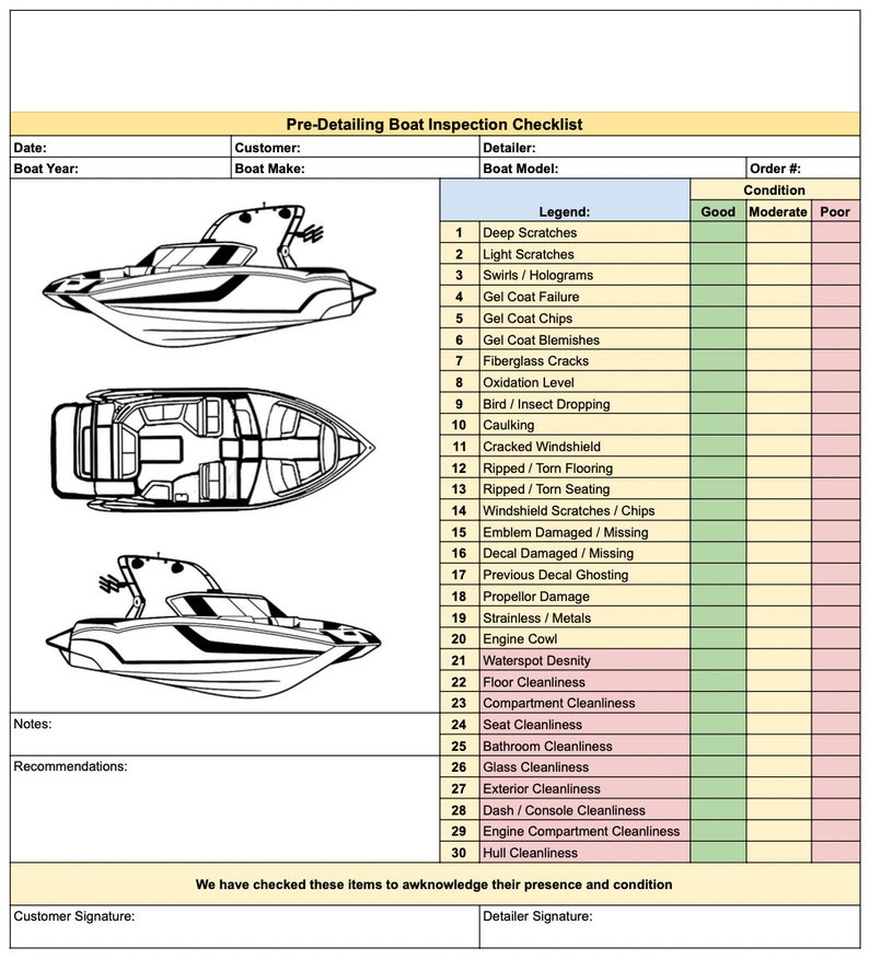 Pre-inspection Bundle Boat Checklist Form for Detailing, Service ...