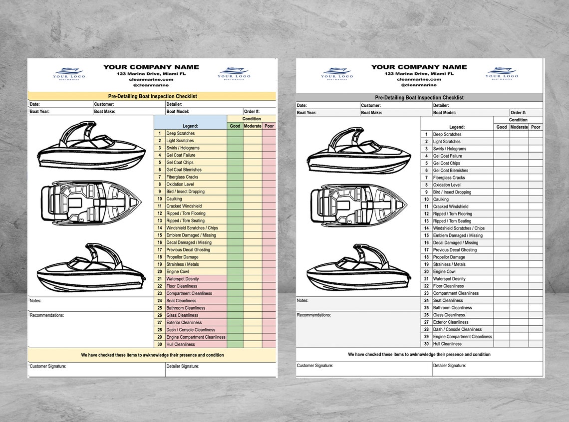 Bow Rider Pre-inspection Boat Checklist Form for Detailing, Service ...