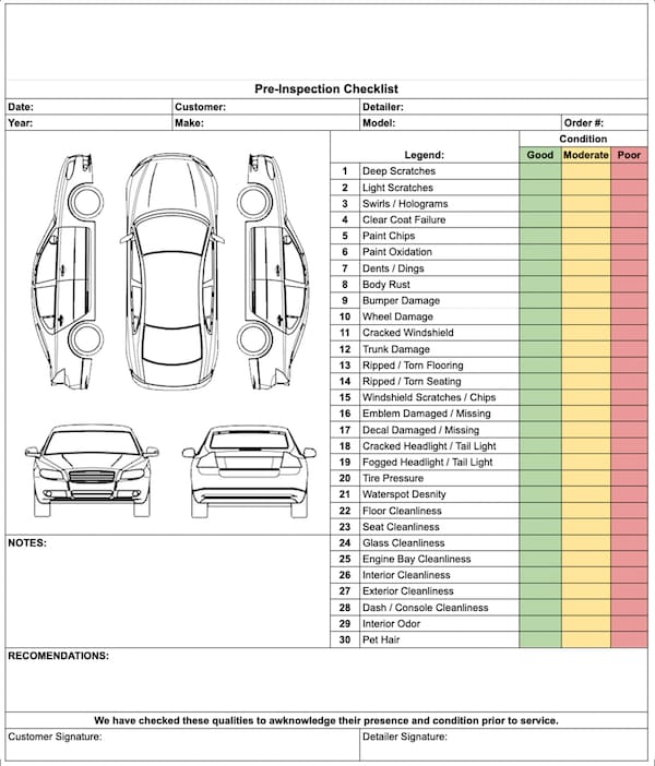 Pre-detailing Vehicle Inspection Checklist Form - Etsy Canada