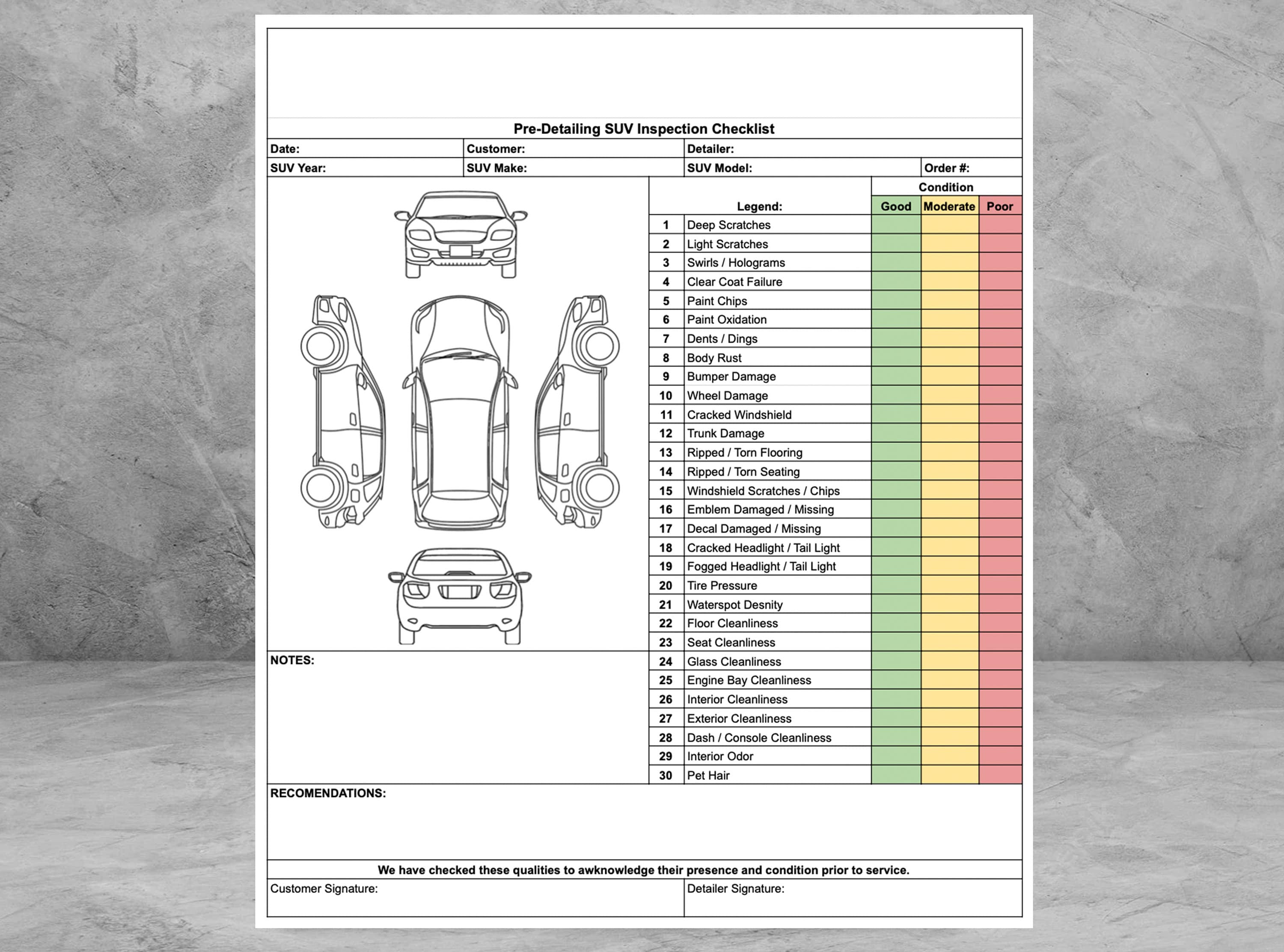SUV, Sedan, Van and Truck and Pre-detailing Inspection Checklist for ...
