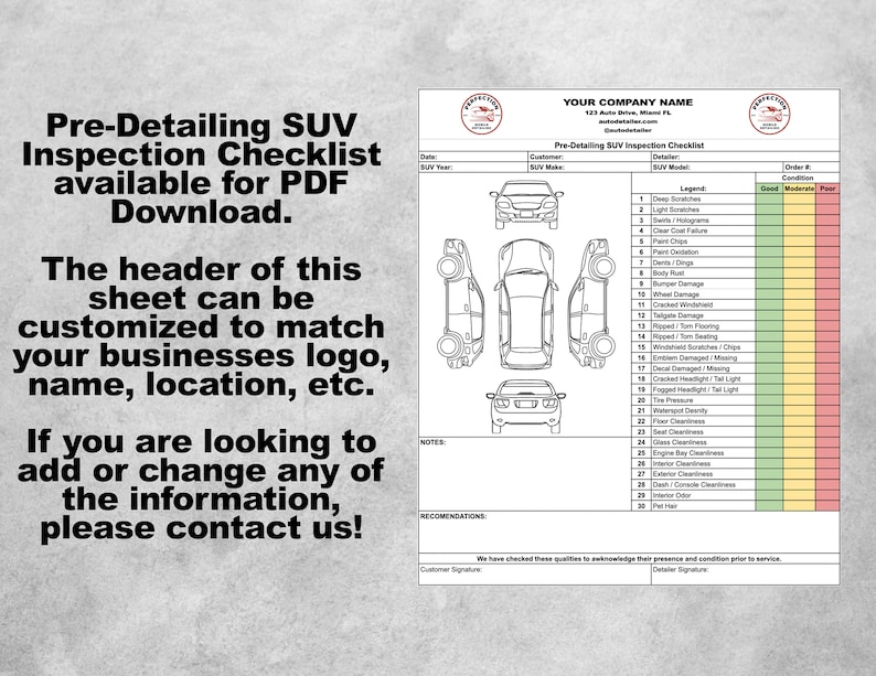 Pre-detailing SUV Inspection Checklist for Auto Detailers, Dealerships ...