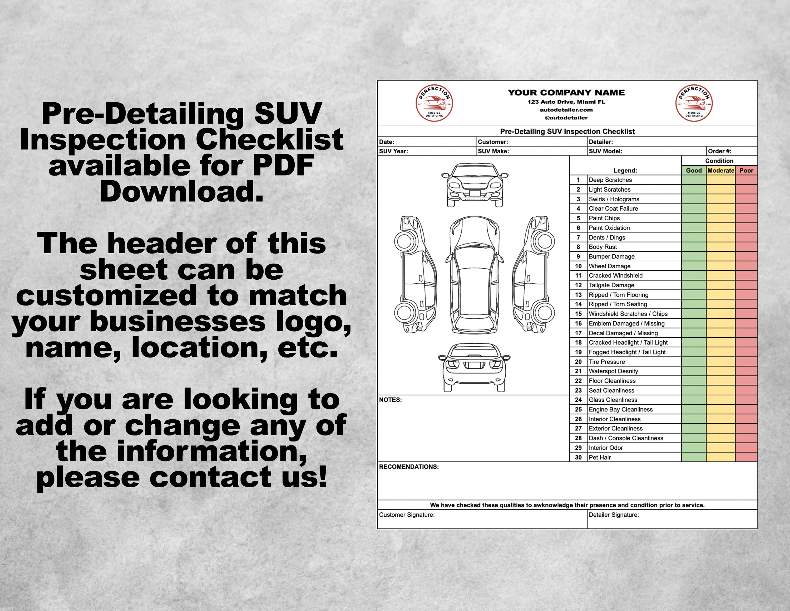 Pre-detailing SUV Inspection Checklist for Auto Detailers, Dealerships & Service Departments - Etsy