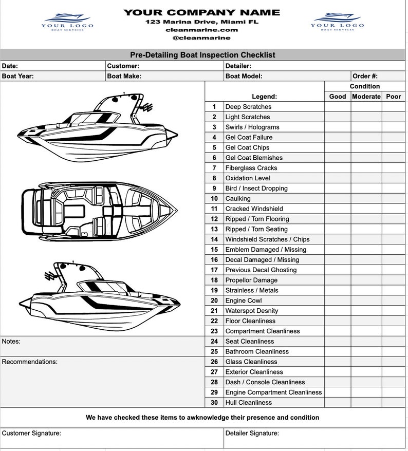 Wakeboat Pre-inspection Checklist Form: Boat Detailing, Service (PDF ...