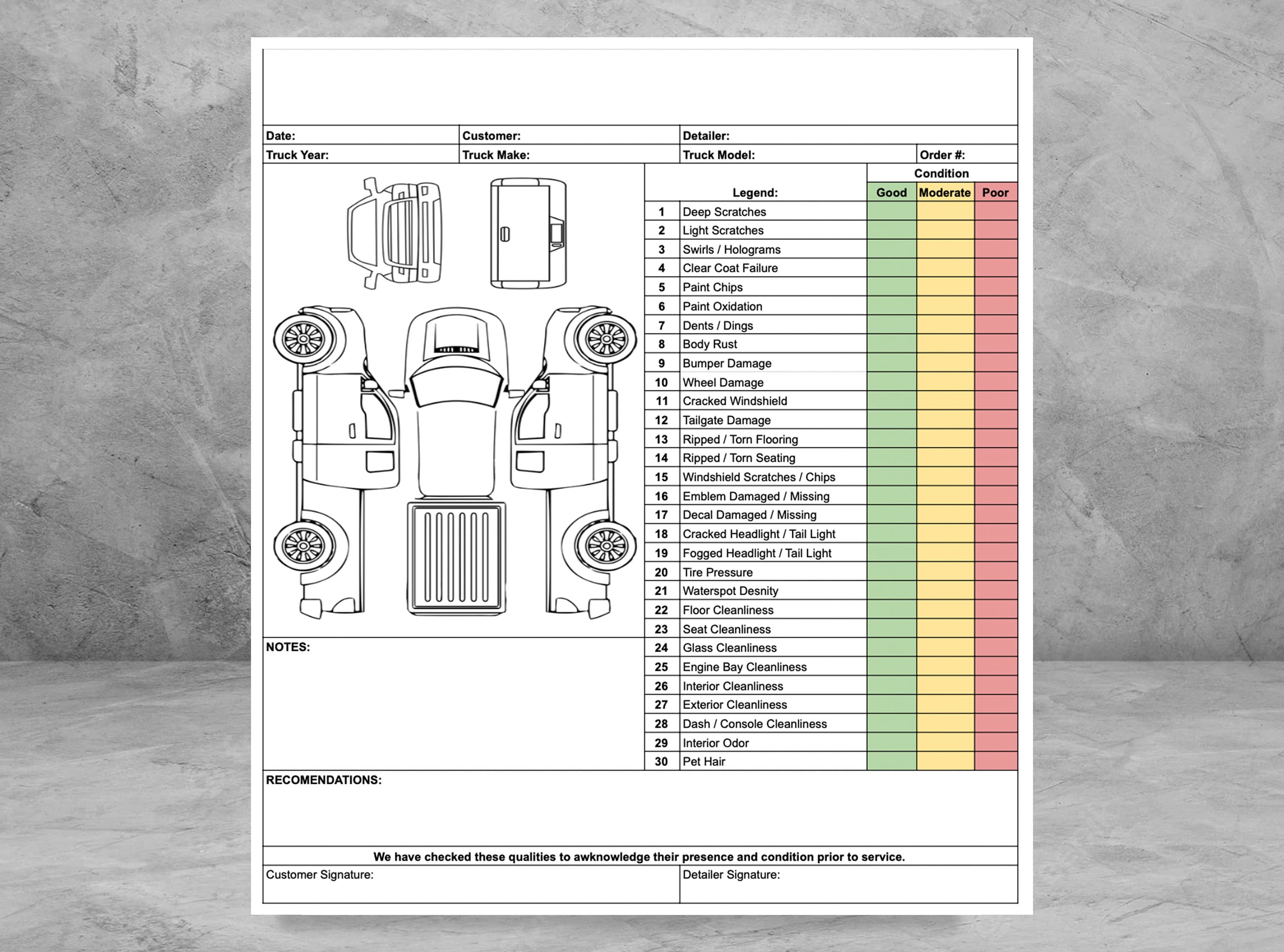 SUV, Sedan, Van and Truck and Pre-detailing Inspection Checklist for ...