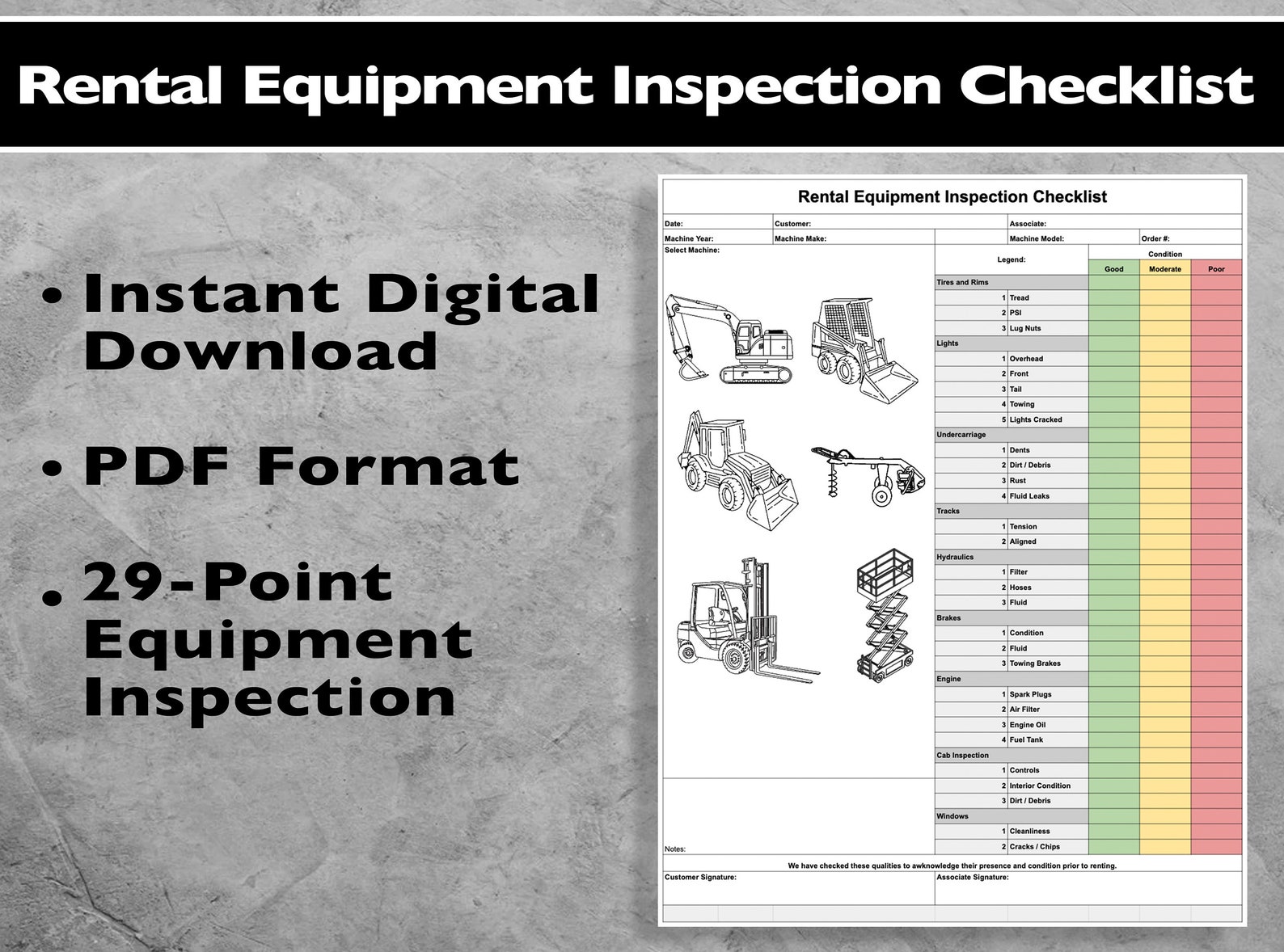 Equipment Rental Pre-inspection Checklist for Construction, Landscaping ...