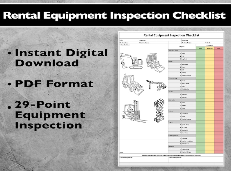 Equipment Rental Pre-inspection Checklist for Construction, Landscaping ...