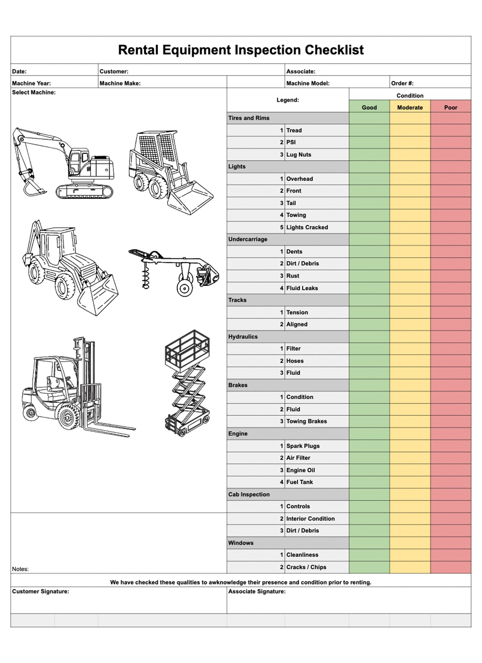 Equipment Rental Pre inspection Checklist For Construction Landscaping