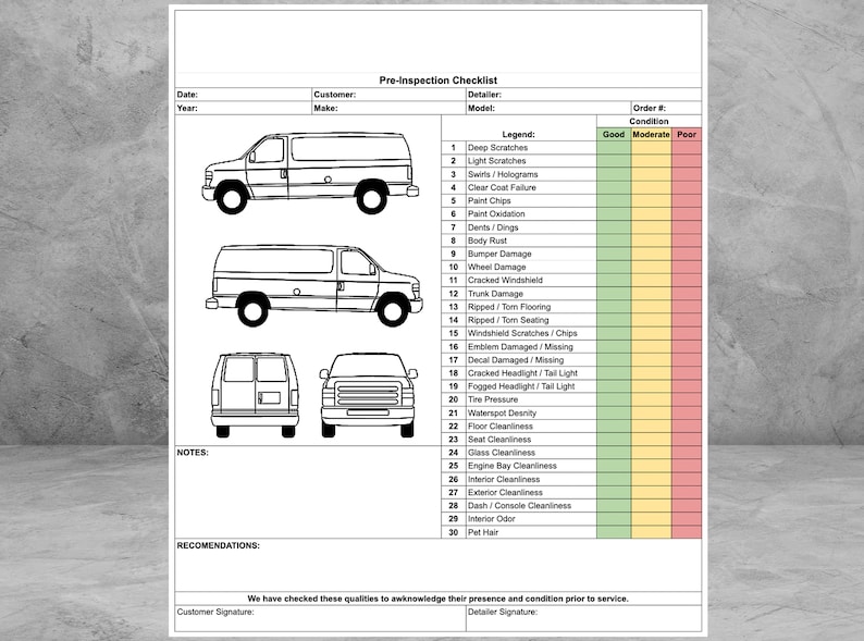 SUV, Sedan, Van and Truck and Pre-detailing Inspection Checklist for ...