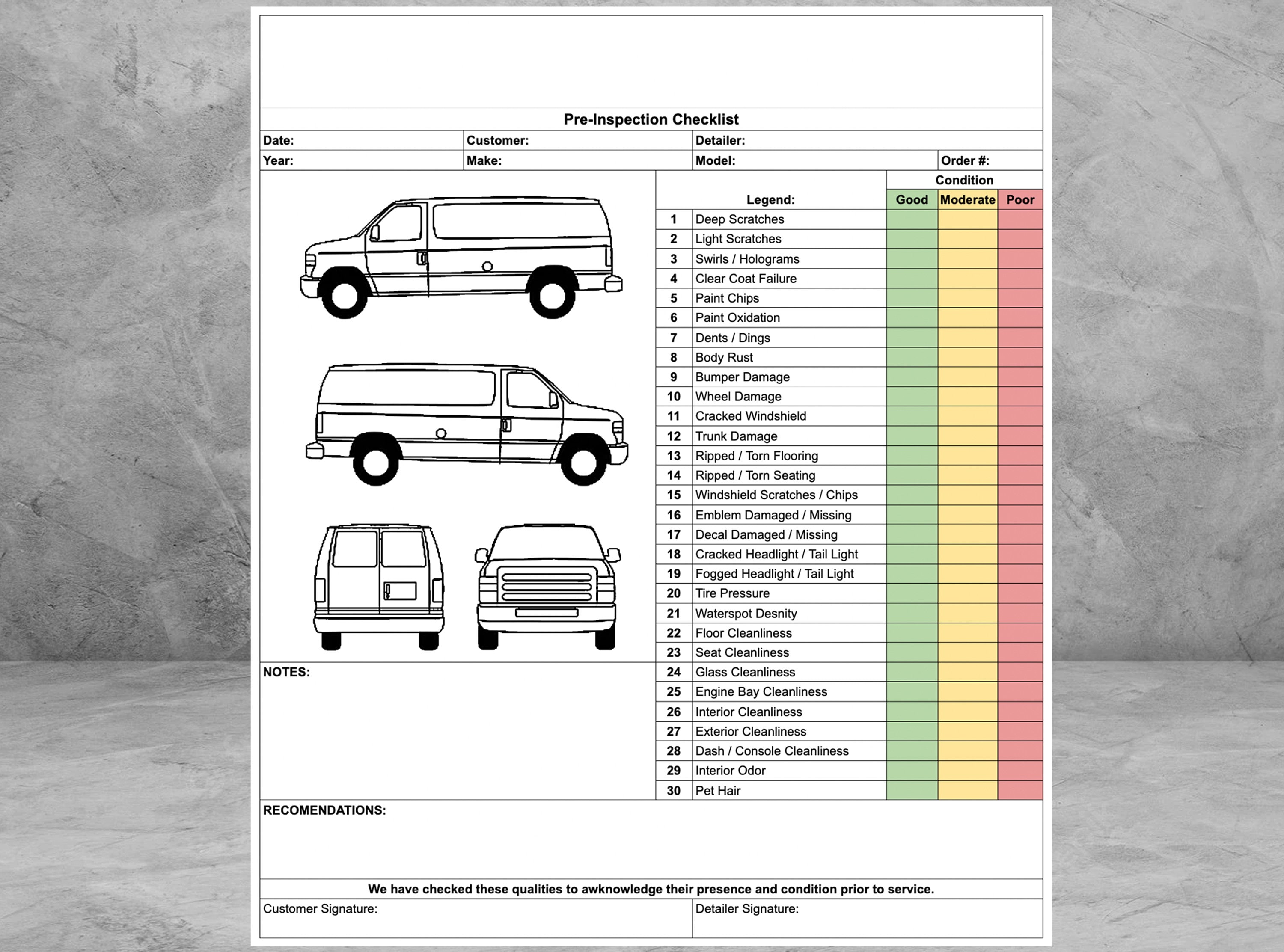 SUV, Sedan, Van and Truck and Pre-detailing Inspection Checklist for ...