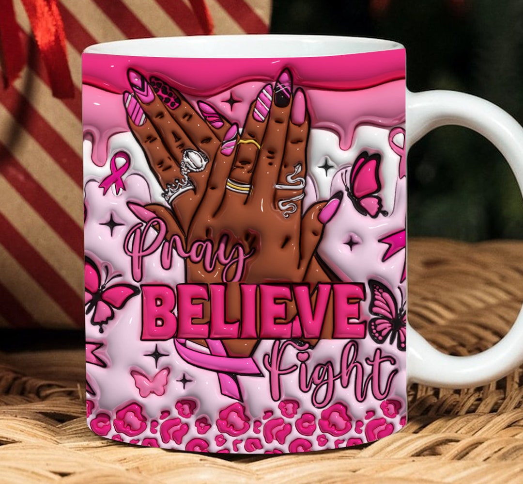 3D Breast Cancer Inflated Mug Wrap, Puffy Pink Awareness Ribbon Mug ...