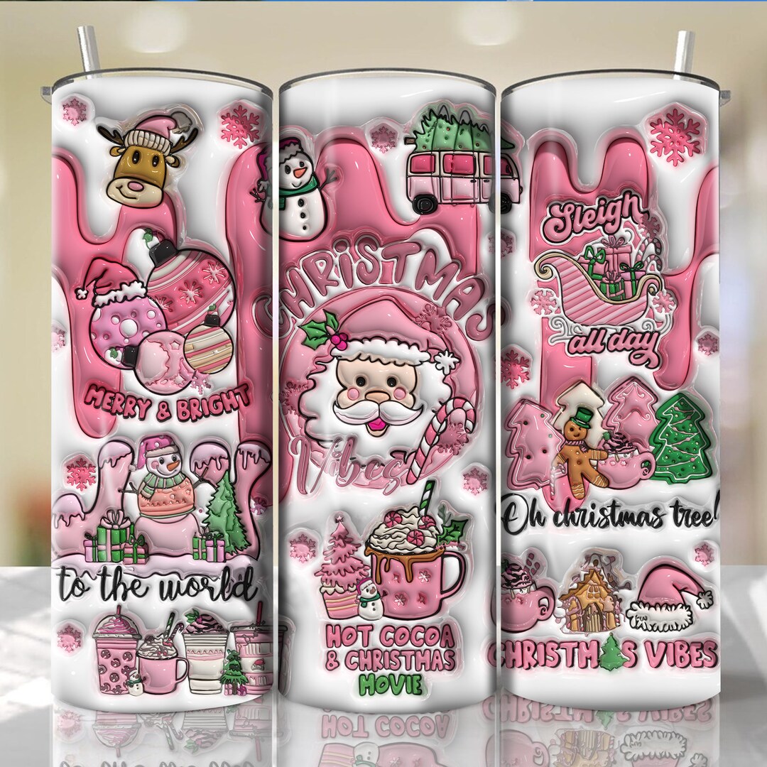 3D Pink Christmas Inflated Tumbler Wrap, 3D Puff Santa Claus, Merry and ...
