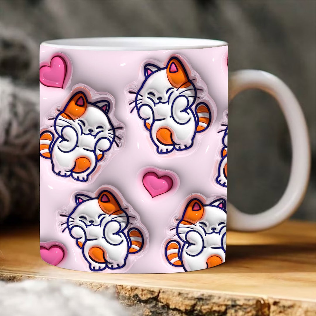 3D Inflated Sprinkle Cats Mug, Wedding Mug Design, Pink Hearts Mug PNG ...