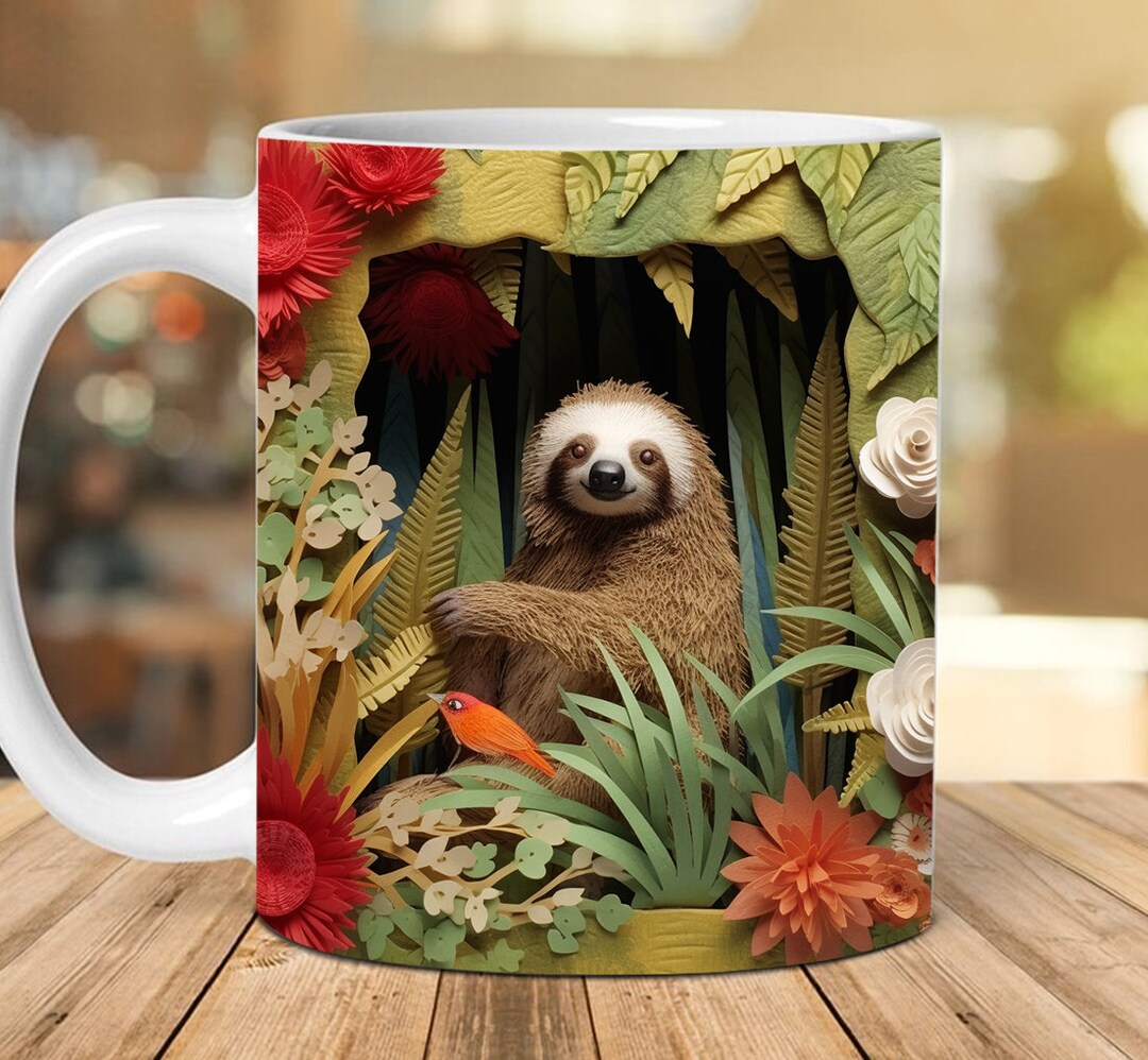 3D Sloth Flowers Mug Wrap Design, 3D White Sloth and Pink Flowers Png ...