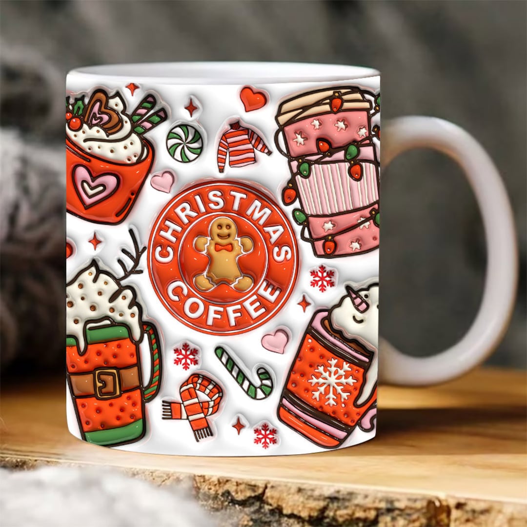 3D Christmas Coffee Inflated Mug Wrap, Xmas Coffee Puffy Mug, Milk ...