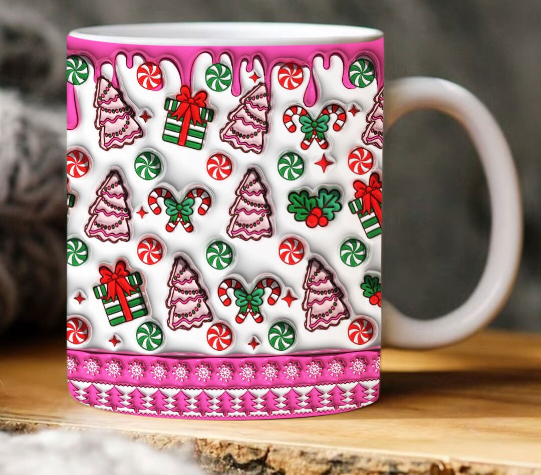 3D Pink Christmas Tree Cakes Inflated Mug Wrap, Christmas Snack Cakes ...