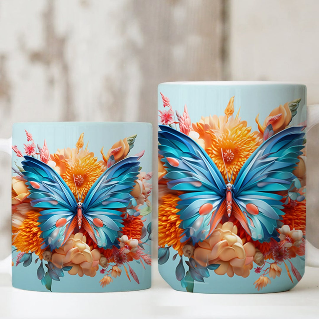 3D Neon Butterfly Flowers Mug Wrap, 3D Butterfly Mug Wrap, 3D Floral ...