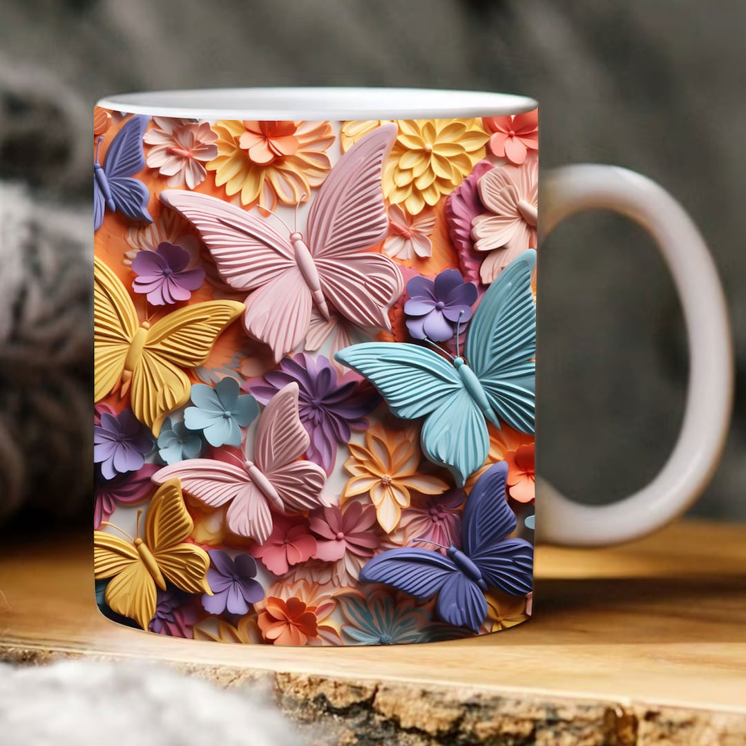 3D Colorful Butterfly and Flowers Mug Wrap, 11oz 15oz Mug Design, 3D ...