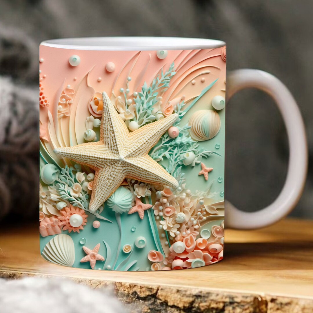 3D Seashells Beach Mug, 3D Summer Beach Mug, 3D Mug Design, Floral Mug ...