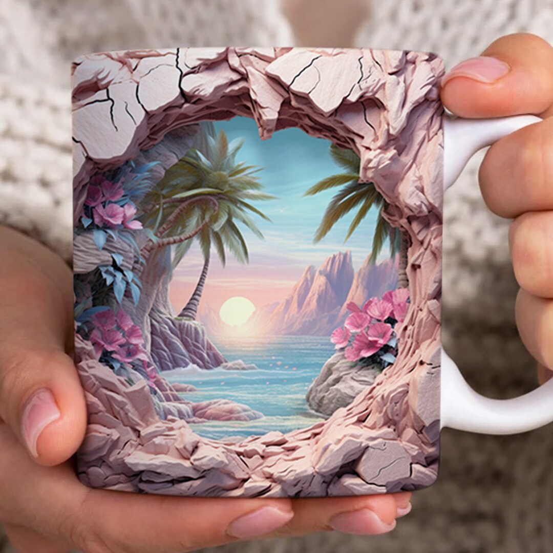 3D Hole in A Wall Tropical Beach Landscape Mug Wrap Design, 3D Beach ...